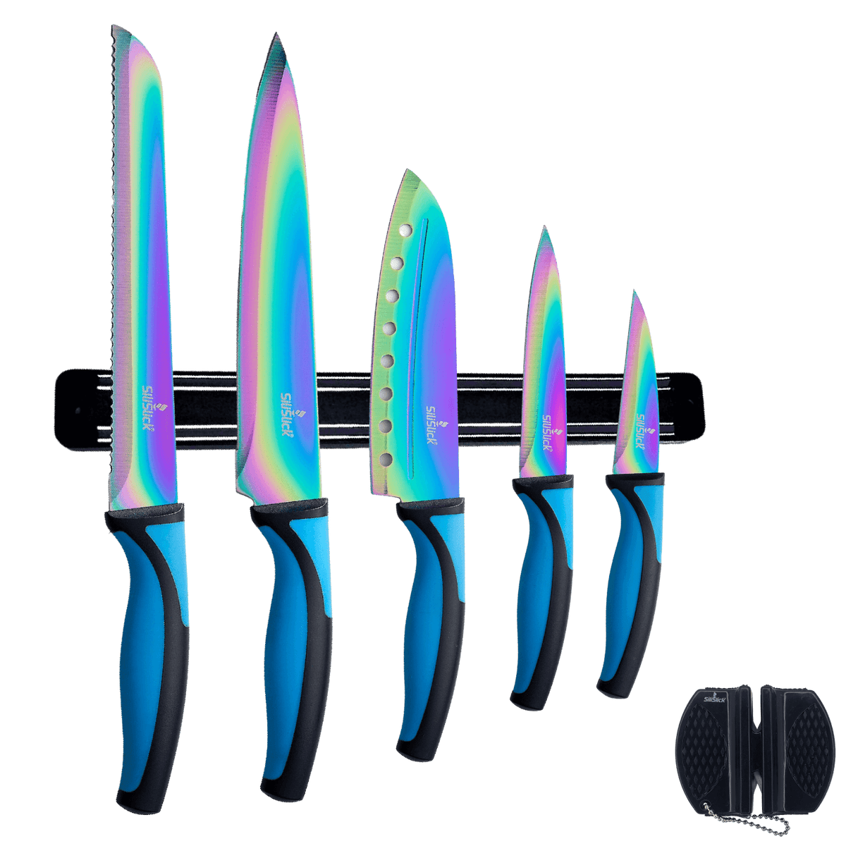 Kitchen Knife Set Kit - Blue Handle & Sharpener – SiliSlick®
