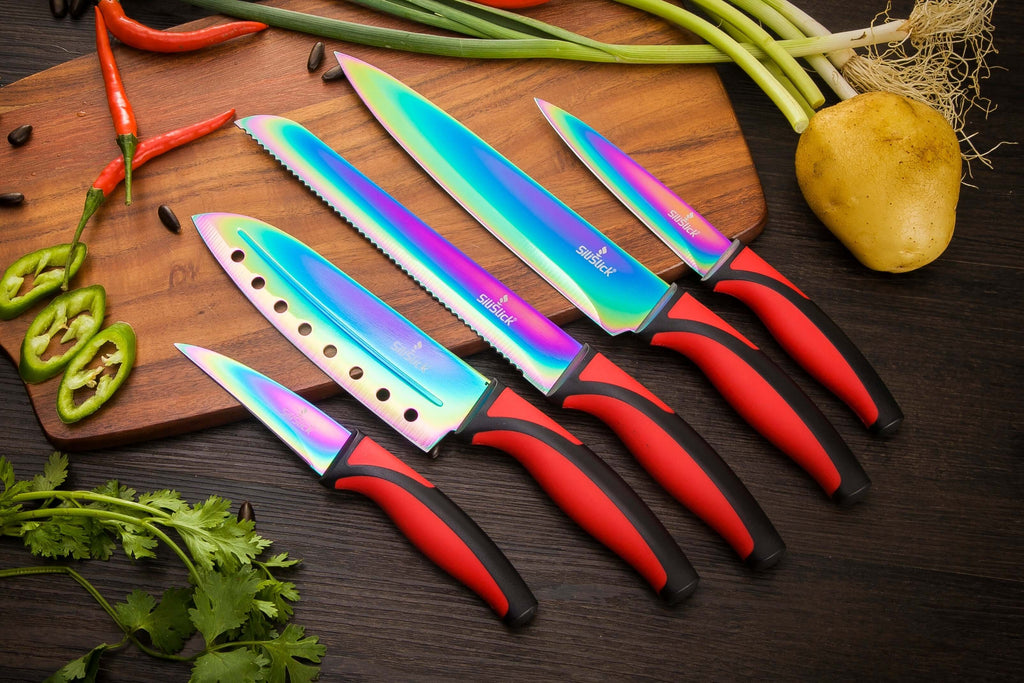 Kitchen Knife Set Kit | Red Handle & Red Magnetic Rack – SiliSlick®