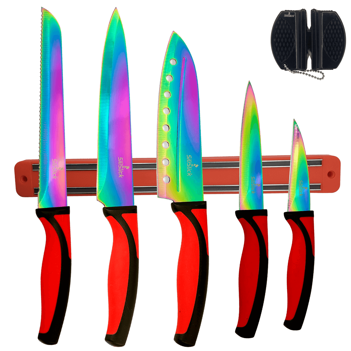 Kitchen Knife Set Kit | Red Handle & Red Magnetic Rack – SiliSlick®